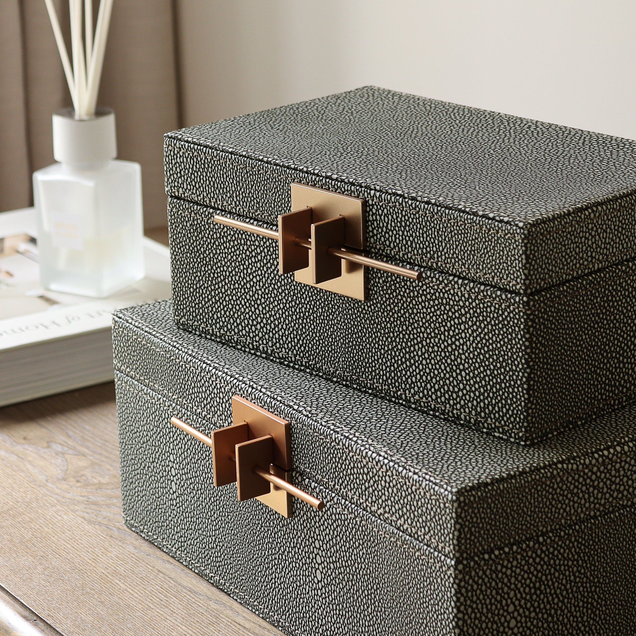 Faux Grey Shagreen Storage Box With Handle - Marquis & Dawe