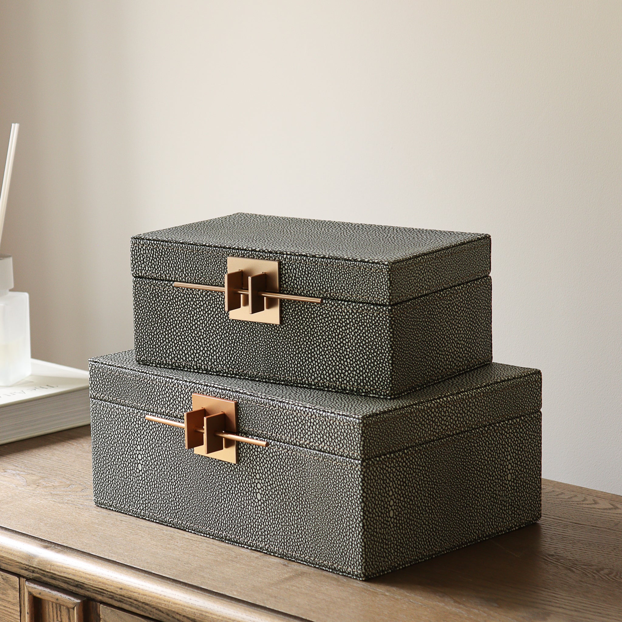 Faux Grey Shagreen Storage Box With Handle - Marquis & Dawe