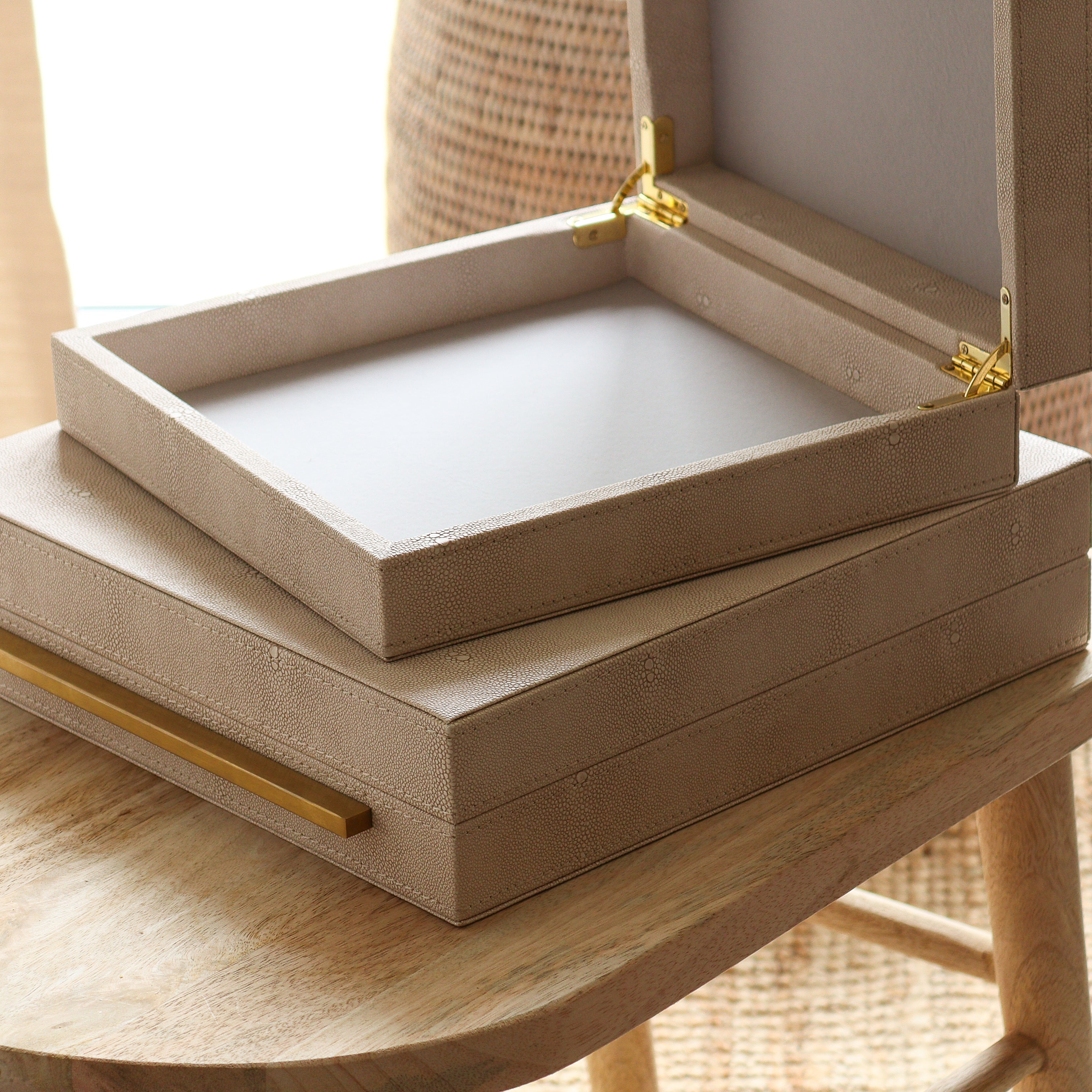 Faux Shagreen Ivory Storage Box With Gold Handle - Marquis & Dawe
