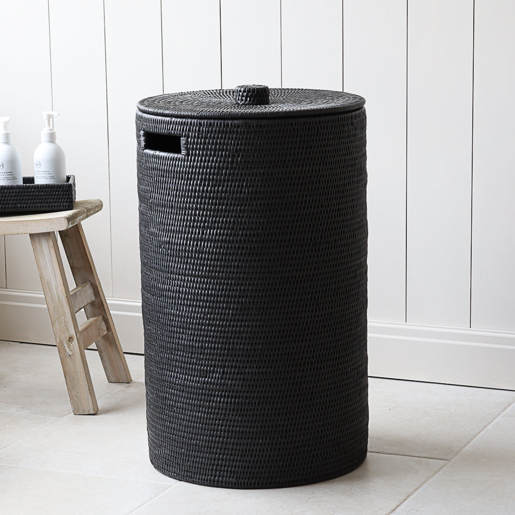 Marbury Black Round Rattan Laundry Basket - Marquis & Dawe