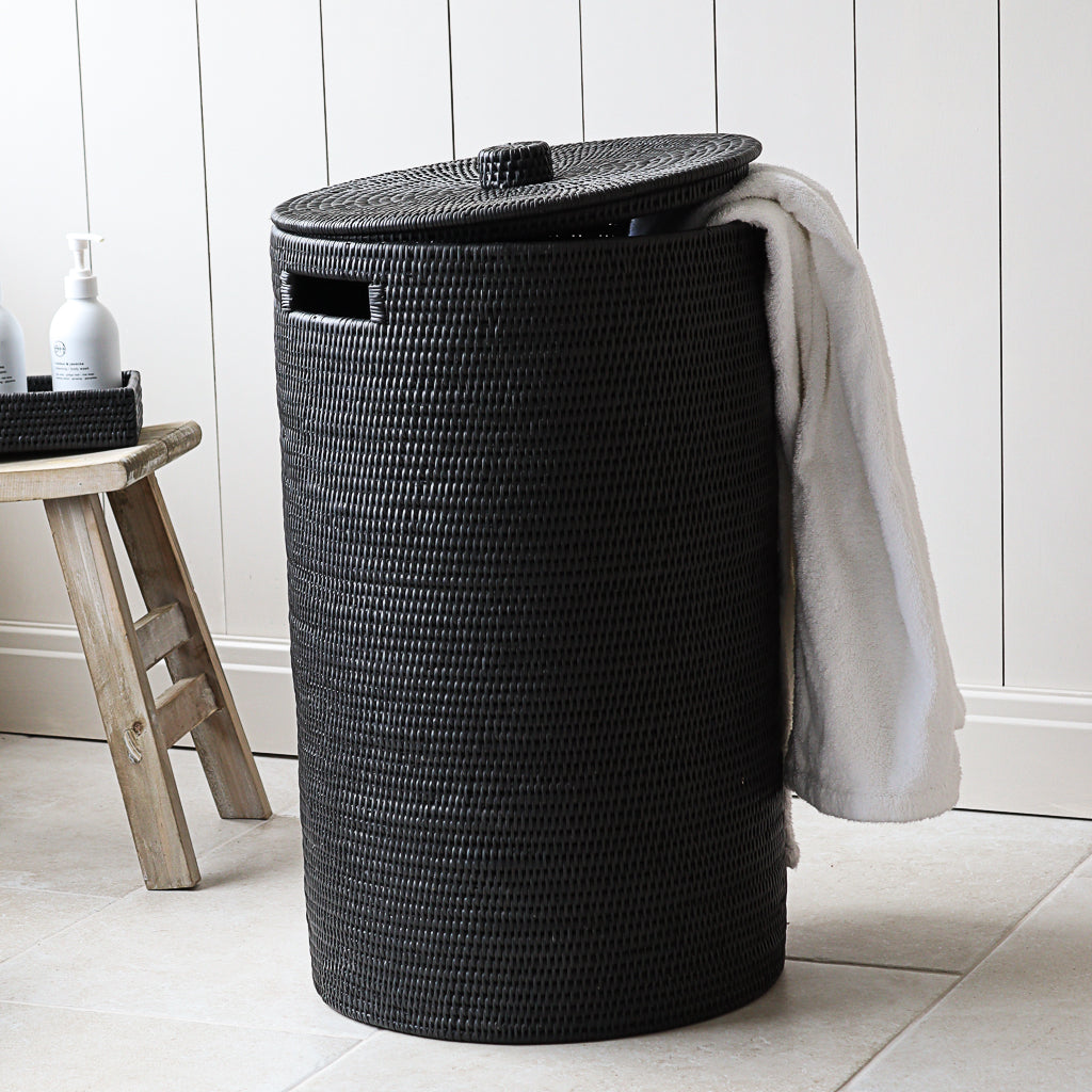 Marbury Black Round Rattan Laundry Basket - Marquis & Dawe