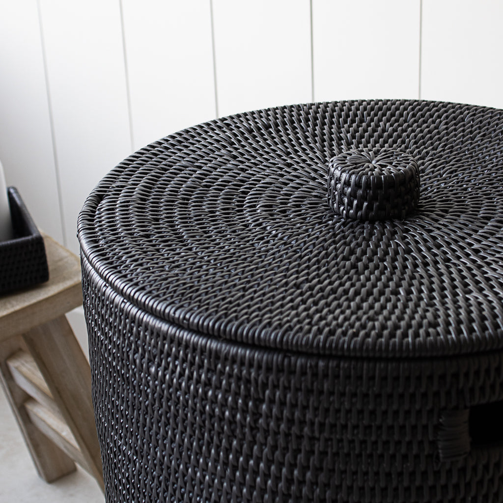 Marbury Black Round Rattan Laundry Basket - Marquis & Dawe