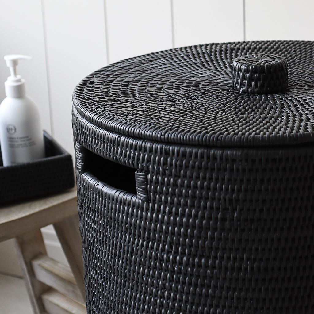 Marbury Black Round Rattan Laundry Basket - Marquis & Dawe