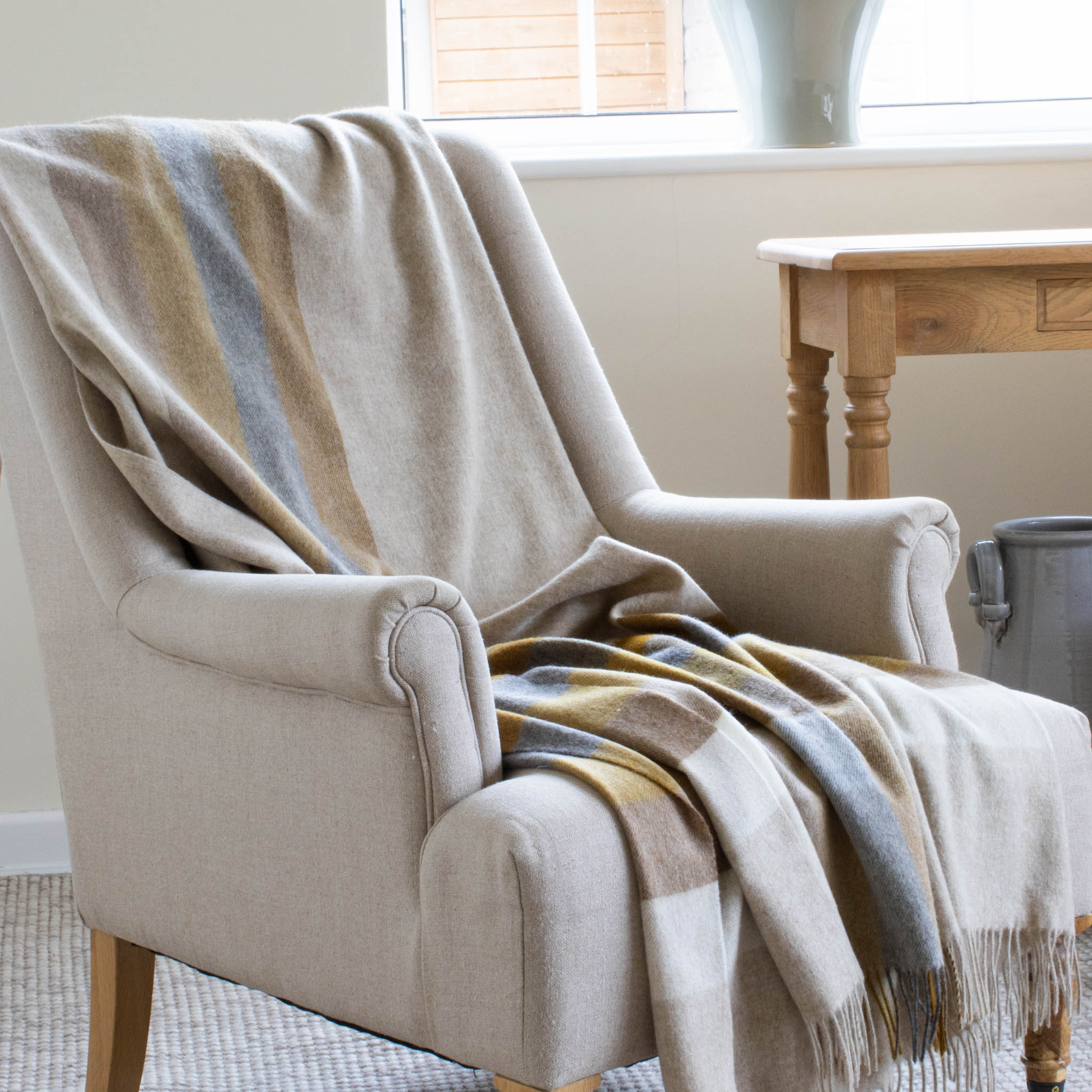 Beige & Mustard Stripe Merino Lambswool Throw - Marquis & Dawe