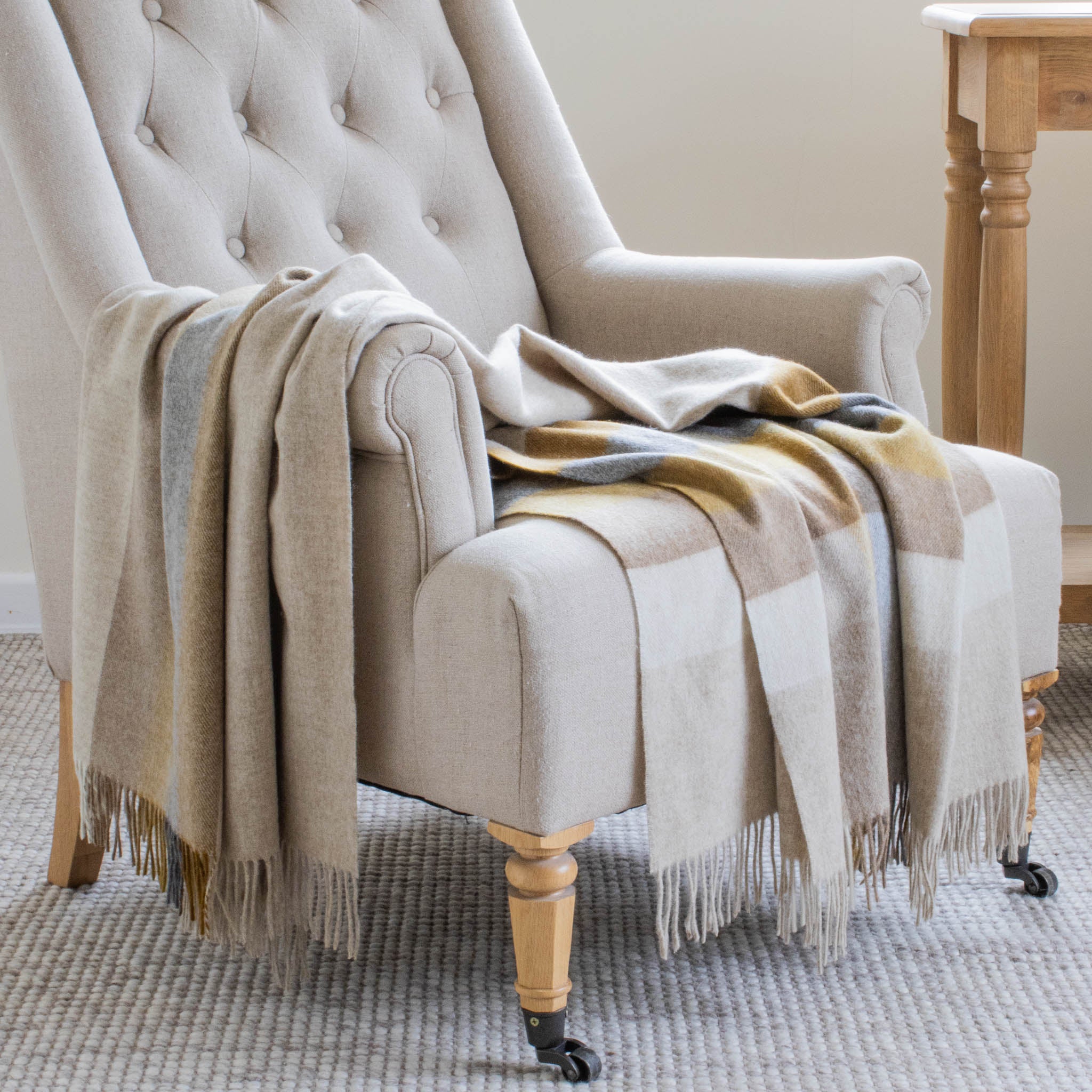 Beige & Mustard Stripe Merino Lambswool Throw - Marquis & Dawe