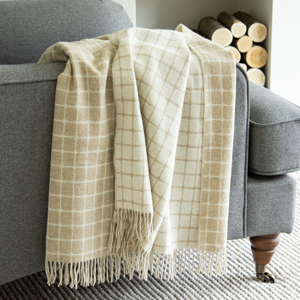 Beige Check Merino Lambswool Throw - Marquis & Dawe