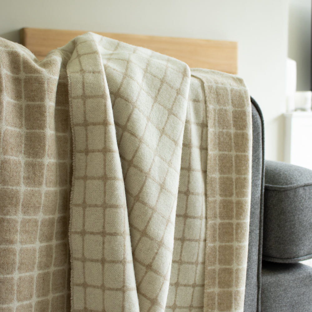 Beige Check Merino Lambswool Throw - Marquis & Dawe