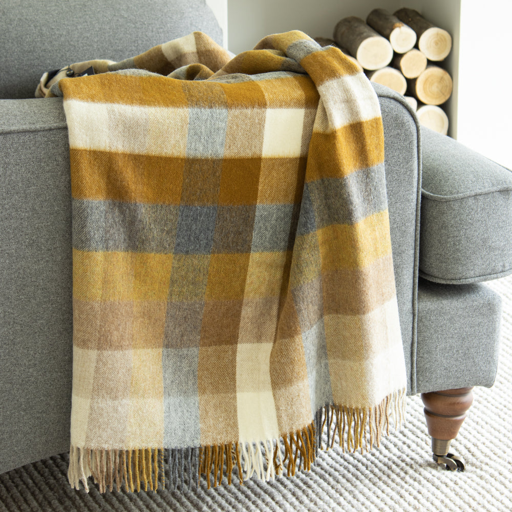 Caramel Beige Check Merino Lambsool Throw - Marquis & Dawe
