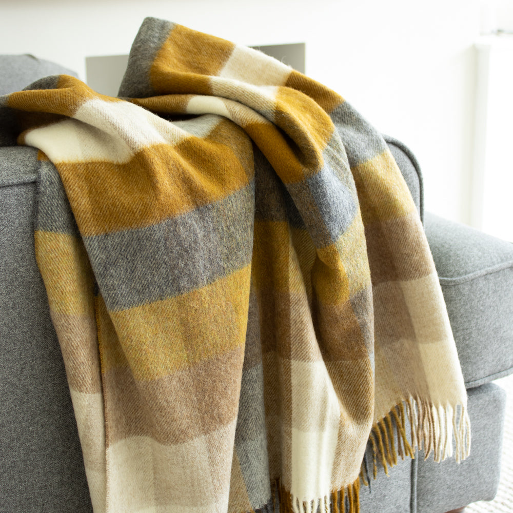 Caramel Beige Check Merino Lambsool Throw - Marquis & Dawe