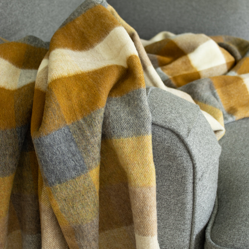 Caramel Beige Check Merino Lambsool Throw - Marquis & Dawe