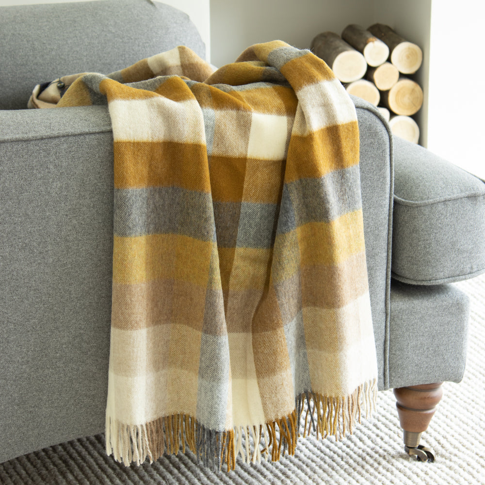 Caramel Beige Check Merino Lambsool Throw - Marquis & Dawe