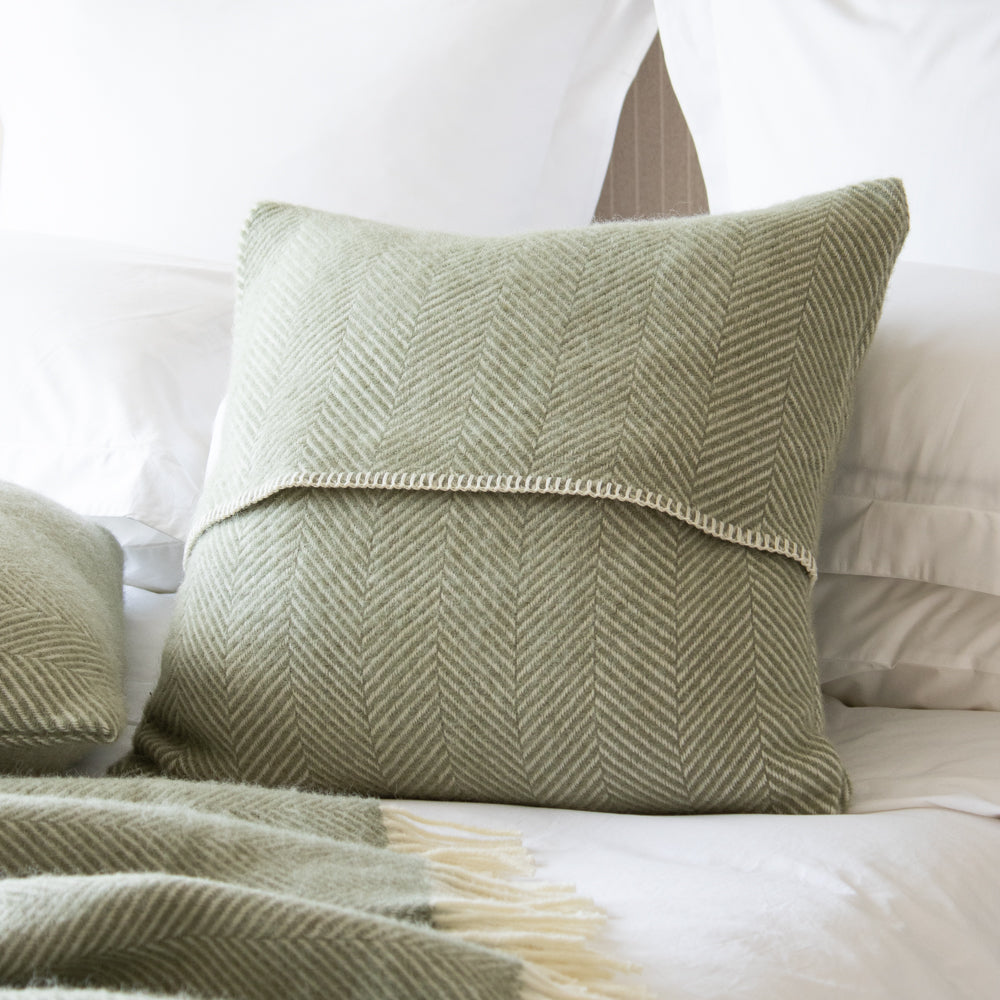 Sage Green Herringbone Wool Cushion - Marquis & Dawe