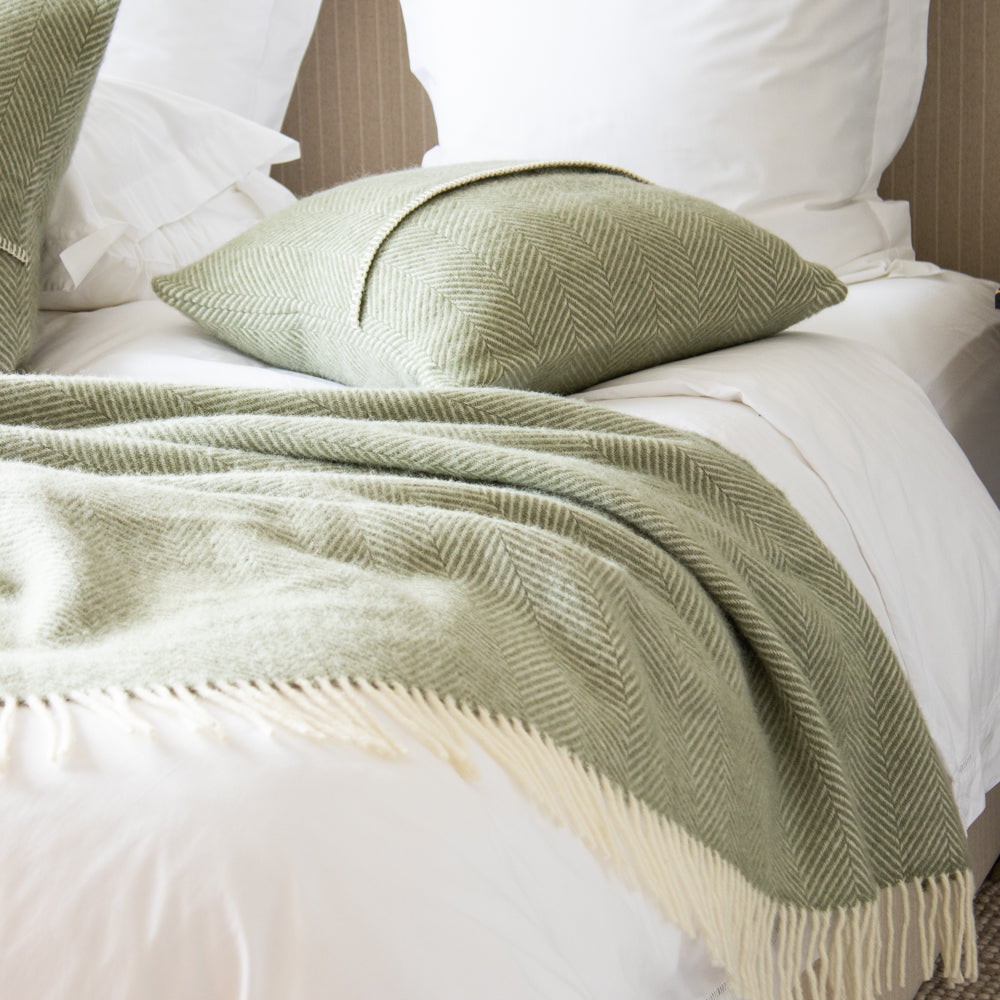 Extra Large Sage Green Herringbone Wool Throw - Marquis & Dawe