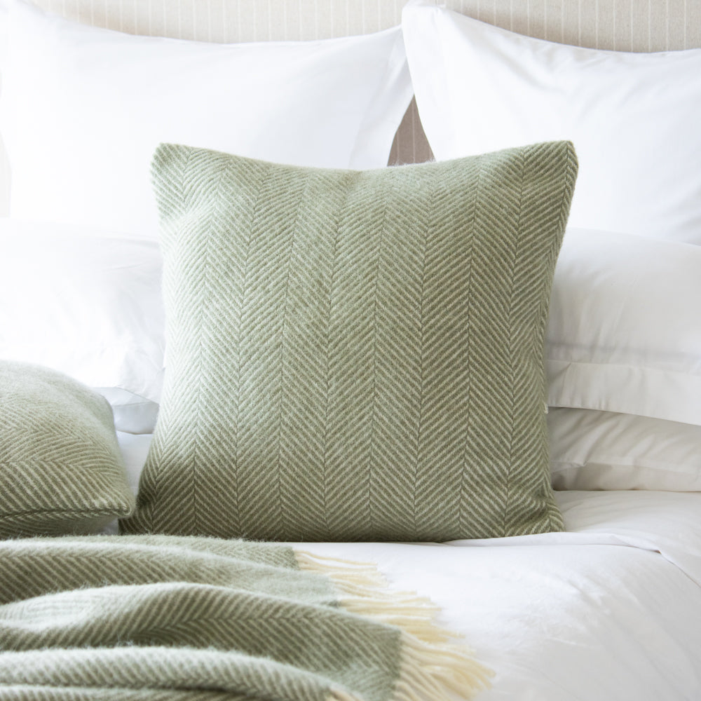 Sage Green Herringbone Wool Cushion - Marquis & Dawe