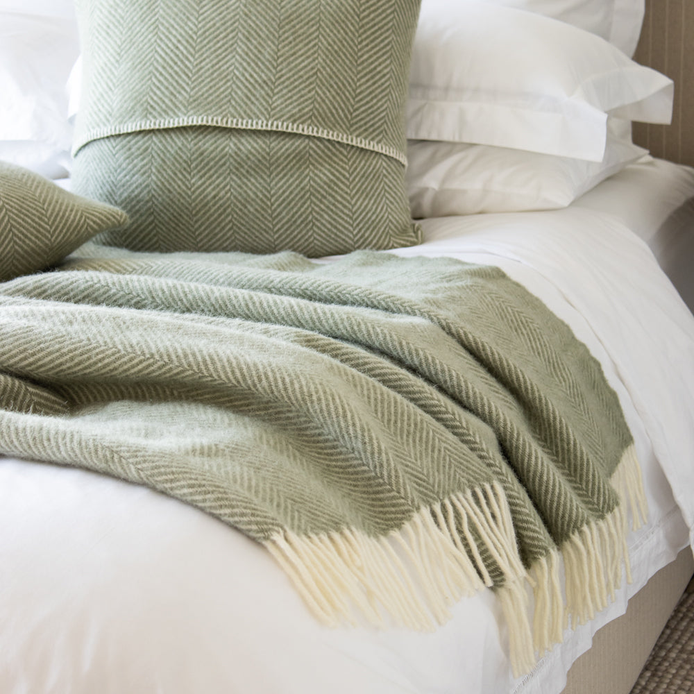 Extra Large Sage Green Herringbone Wool Throw - Marquis & Dawe
